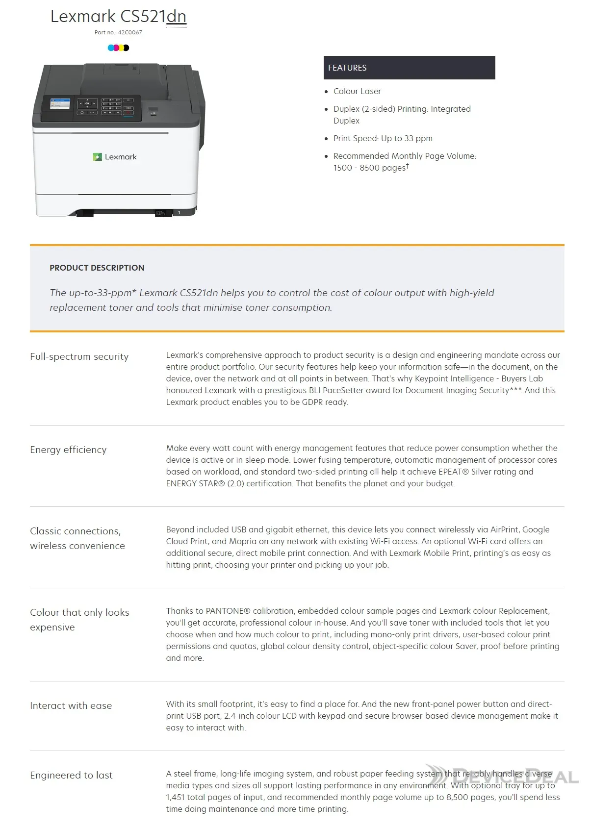 Lexmark CS521DN Colour Laser Printer A4 | DeviceDeal