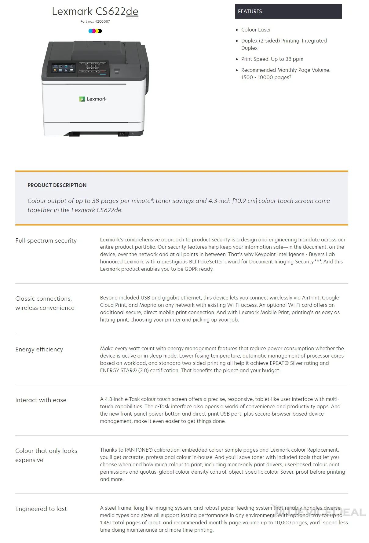 Lexmark CS622de Colour Laser Printer - 42C0087 |DeviceDeal