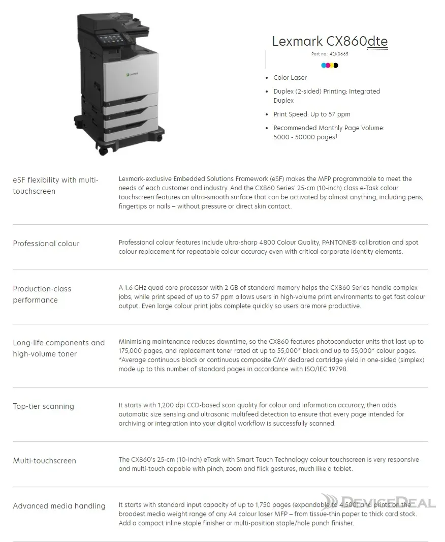 Lexmark CX860DTE Colour Multifunction Laser Printer A4 | DeviceDeal