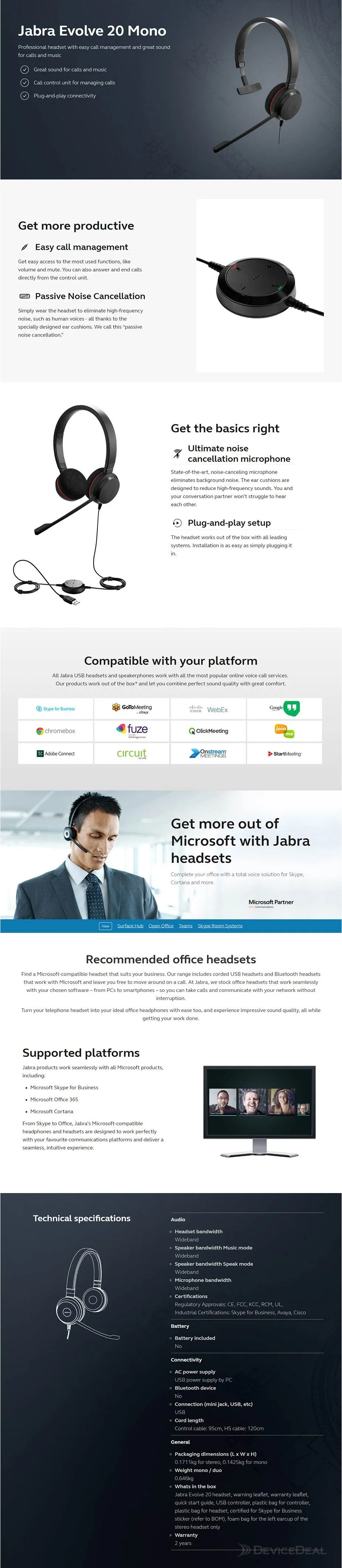 Jabra Evolve 20SE UC USB Stereo Headset |DeviceDeal