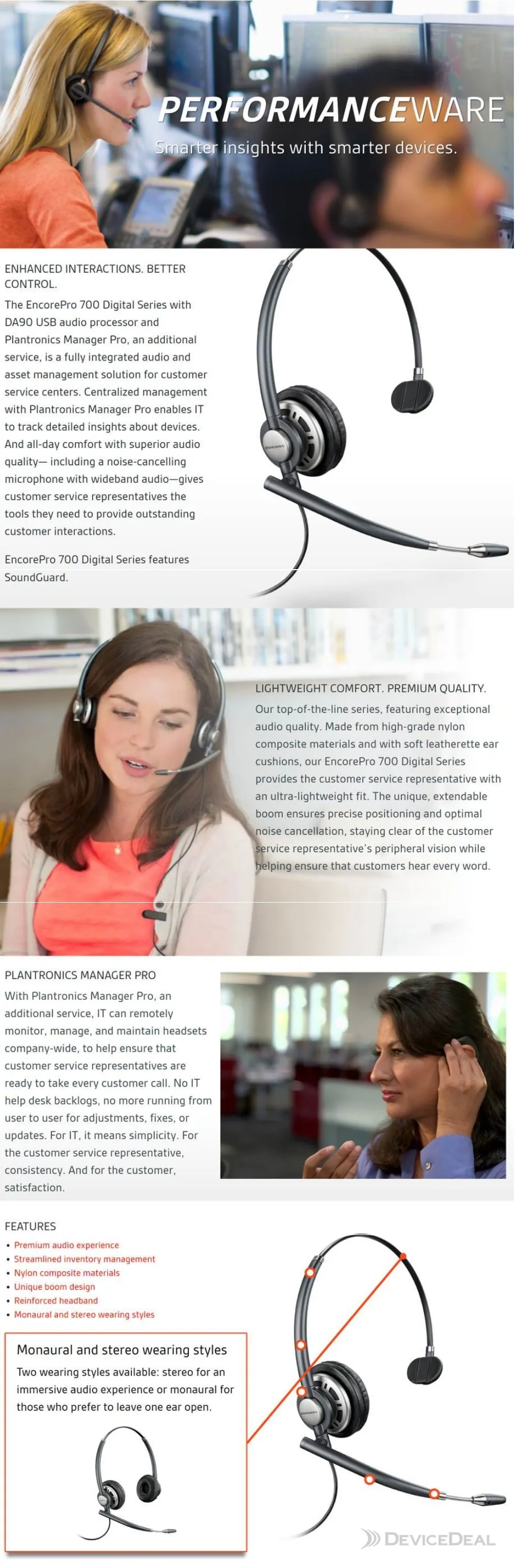 Plantronics EncorePro HW710D Wideband Monaural NC Corded Headset 78715 ...