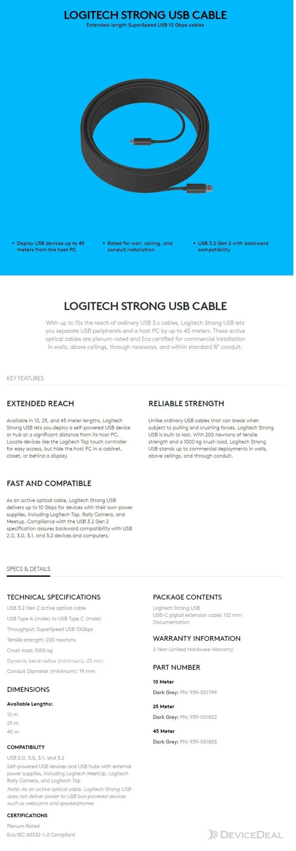 Logitech 25m Strong USB 3.2 Gen2 Type A to Type C Extension Cable ...