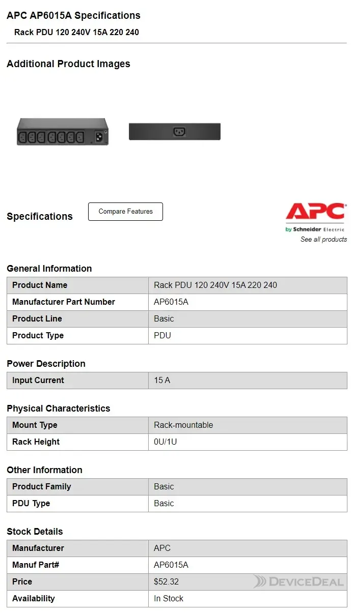 APC RACK PDU, BASIC, 0U/1U, 120-240V/15A, 220-240V/10A, (8) C13 ...