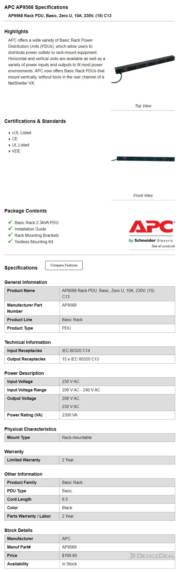 APC Rack PDU, Basic, Zero U, 10A,230V, (15)C13 | DeviceDeal