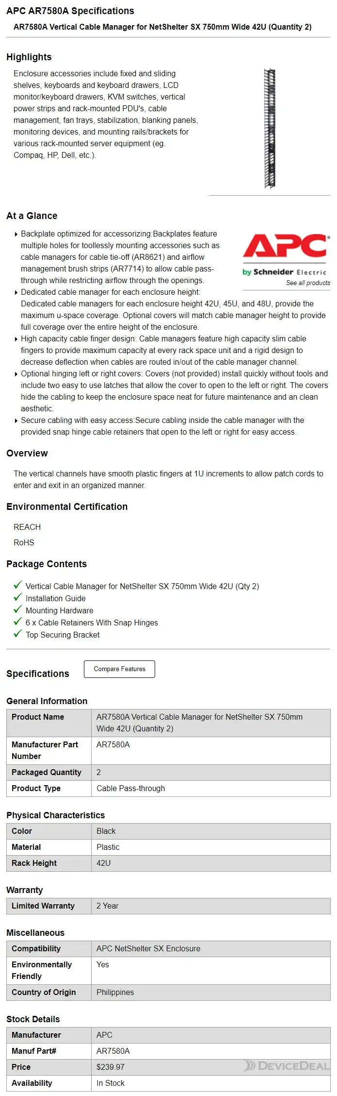 APC Vertical Cable Manager for NetShelter SX 750mm Wide 42U (Qty 2 ...