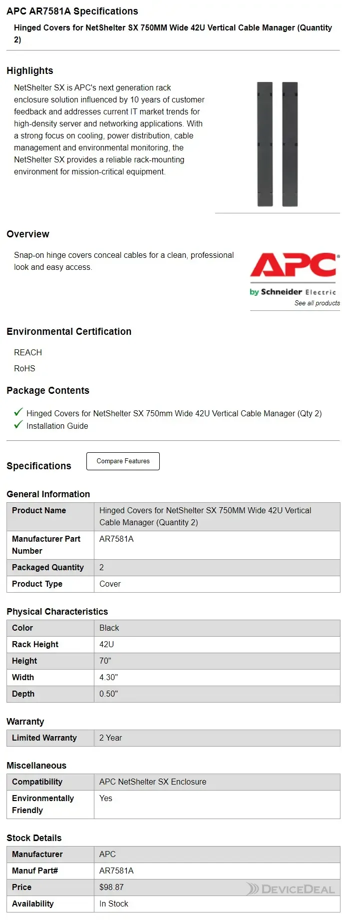 APC Hinged Covers for NetShelter SX 750mm Wide 42U Vertical Cable ...
