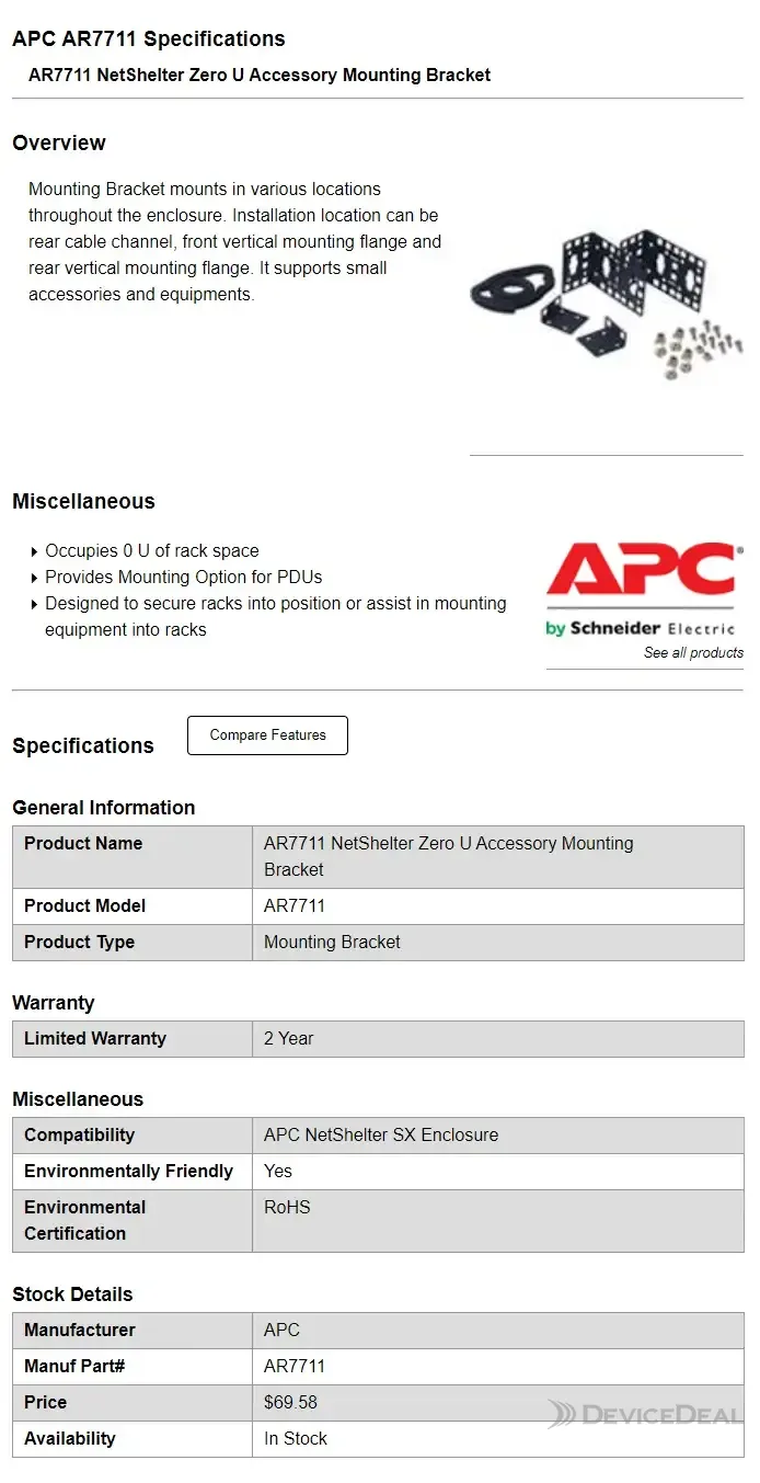 APC NetShelter Zero U Accessory Mounting Bracket | DeviceDeal