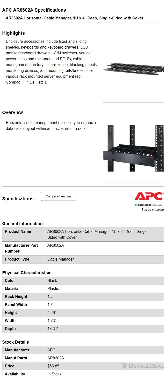 Horizontal Cable Manager, 1U x 4" Deep, Single-Sided with Cover ...
