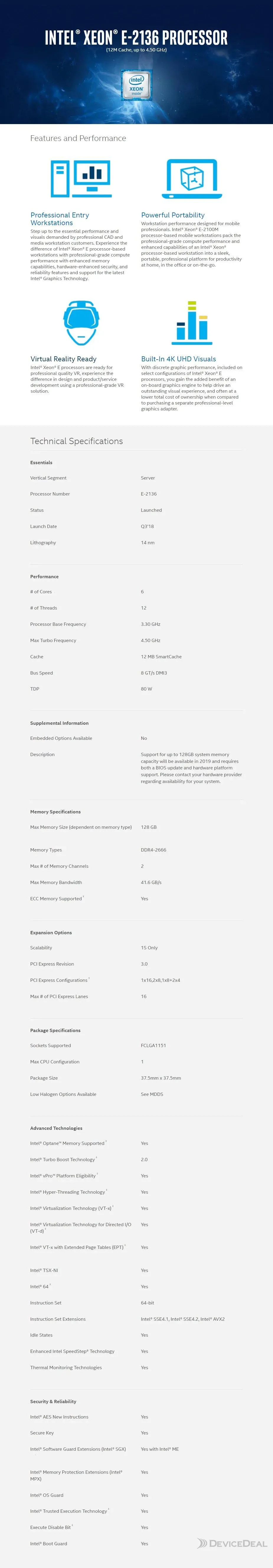Intel Xeon E-2136 LGA1151 3.3GHz CPU Processor BX80684E2136