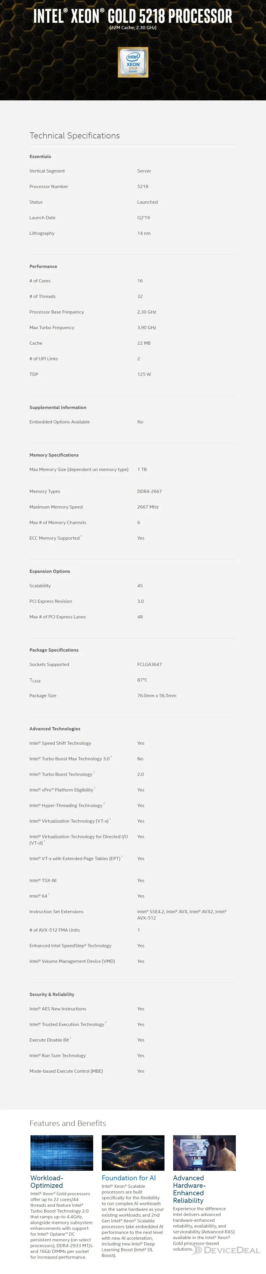 Intel Xeon Gold 5218 LGA3647 2.3GHz 16-core CPU Processor BX806955218