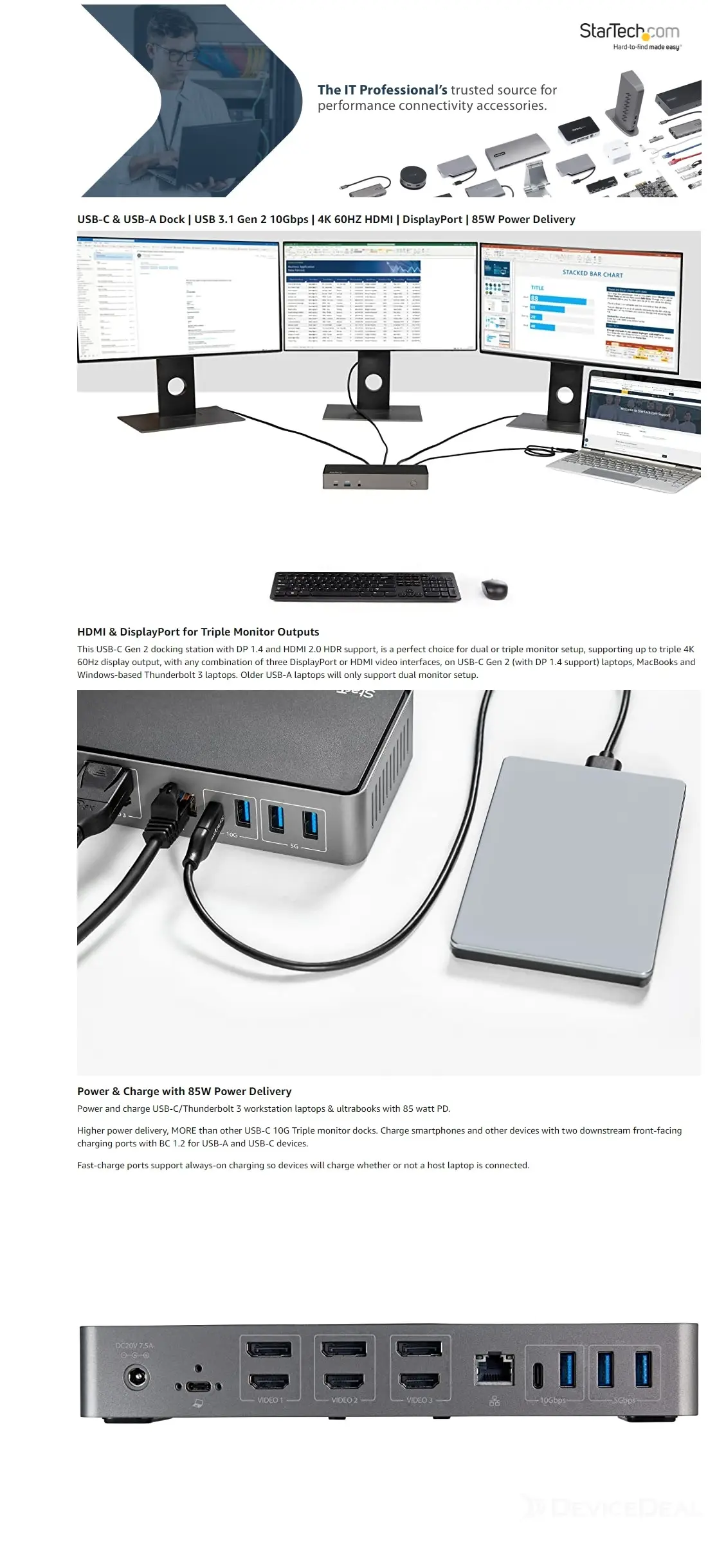 Startech DK31C3HDPD HYBRID USB-C USB-A DOCK - TRIPLE 4K 60HZ |DeviceDeal