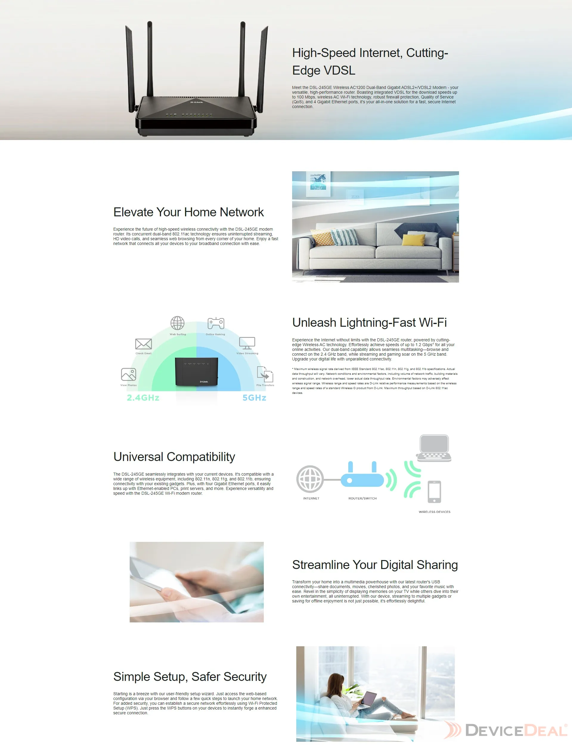 D-Link DSL-245GE Dual Band Wireless AC1200 VDSL2/ADSL2+ Modem Router ...