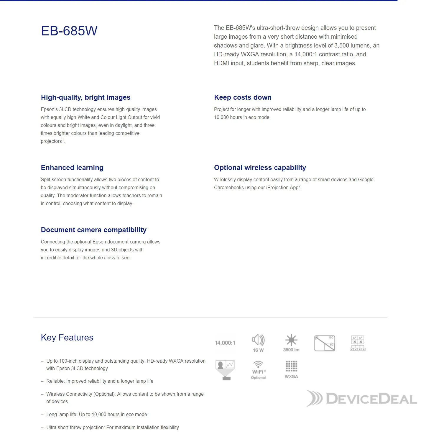 Epson EB-685W WXGA 3LCD Ultra Short Throw Data Projector V11H744553