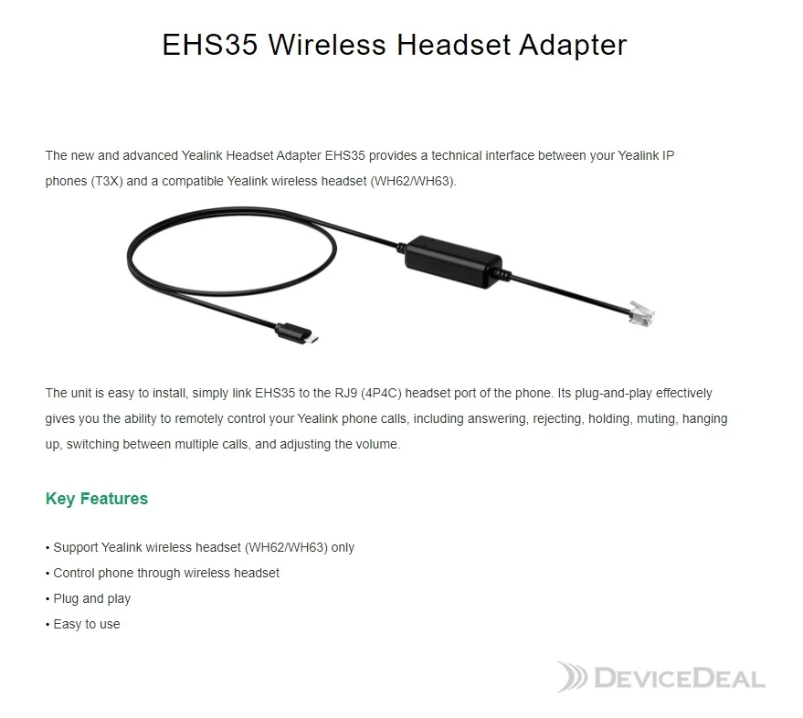 yealink EHS35 Wireless Headset Adapter for SIP-T31P/T31G/T33G. |DeviceDeal