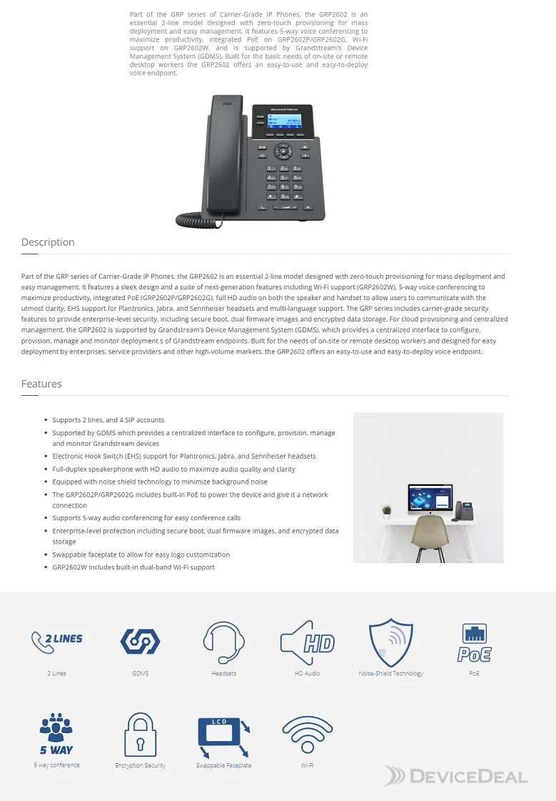 Grandstream GRP2602G 2 Lines, 2 SIP Accounts, 2.21'' Screen, PoE + GigE ...