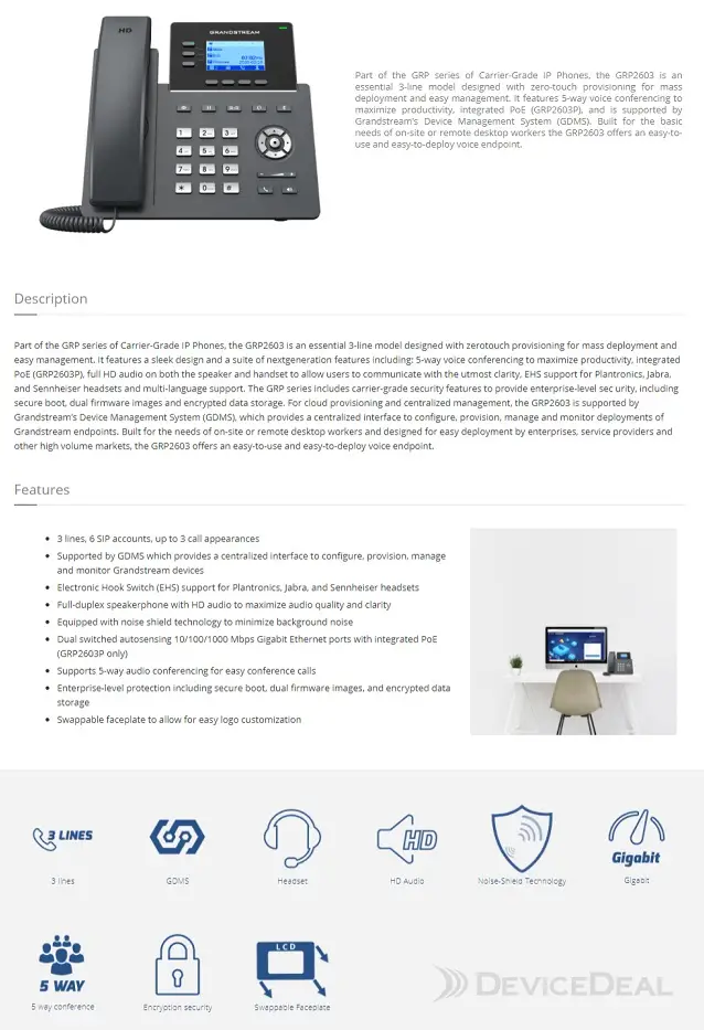 Grandstream GRP2603P PoE 3-Line 6-SIP Carrier Grade IP Phone | DeviceDeal