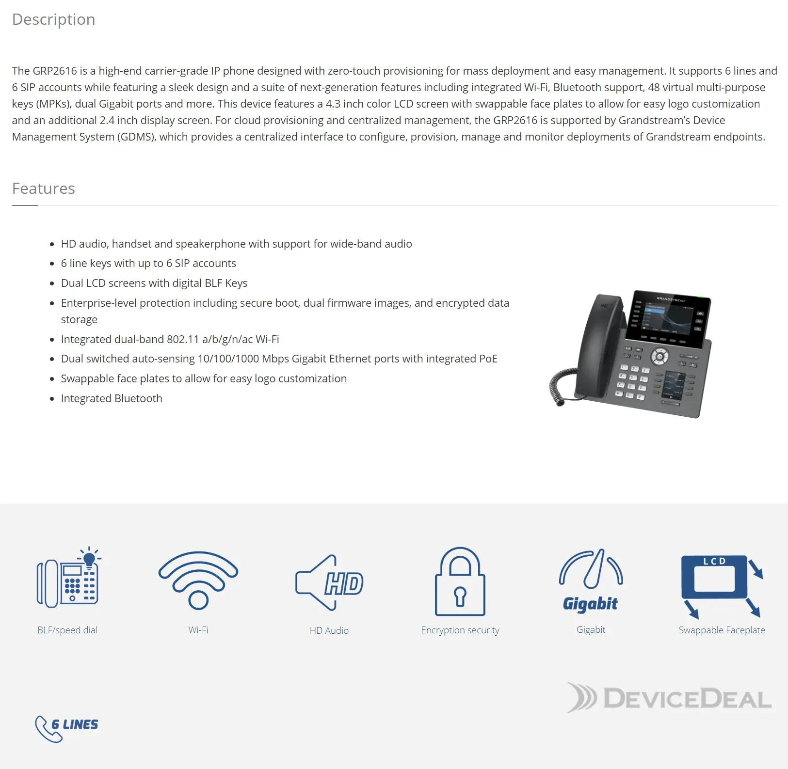 Grandstream 6 Lines, 6 SIP Accounts, 4.3 6 Lines, 6 SIP Accounts, 4.3