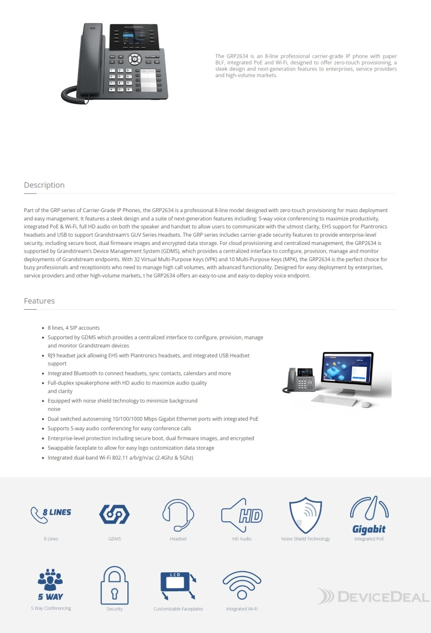 Grandstream GRP2634 4+4 lines, Gigabit, WiFi/BT |DeviceDeal