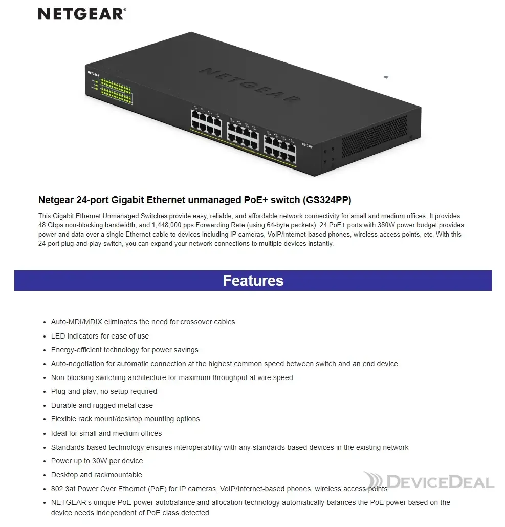 Netgear GS324PP SOHO 24-Port Gigabit PoE+ (380W) Unmanaged Switch ...
