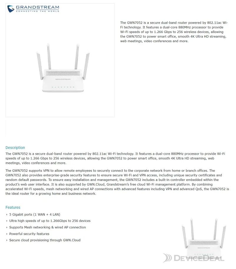 Grandstream GWN7052 802.11AC Wireless dual-band Router |DeviceDeal