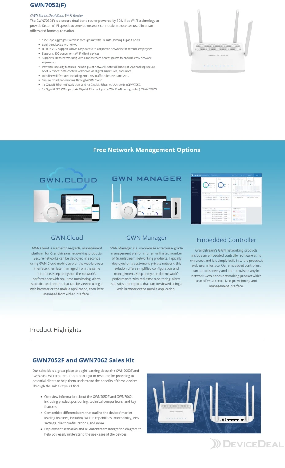 Grandstream GWN7052F 2x2 802.11ac Wave-2 WiFi ROUTER with 4 LAN + 1 WAN SFP |DeviceDeal