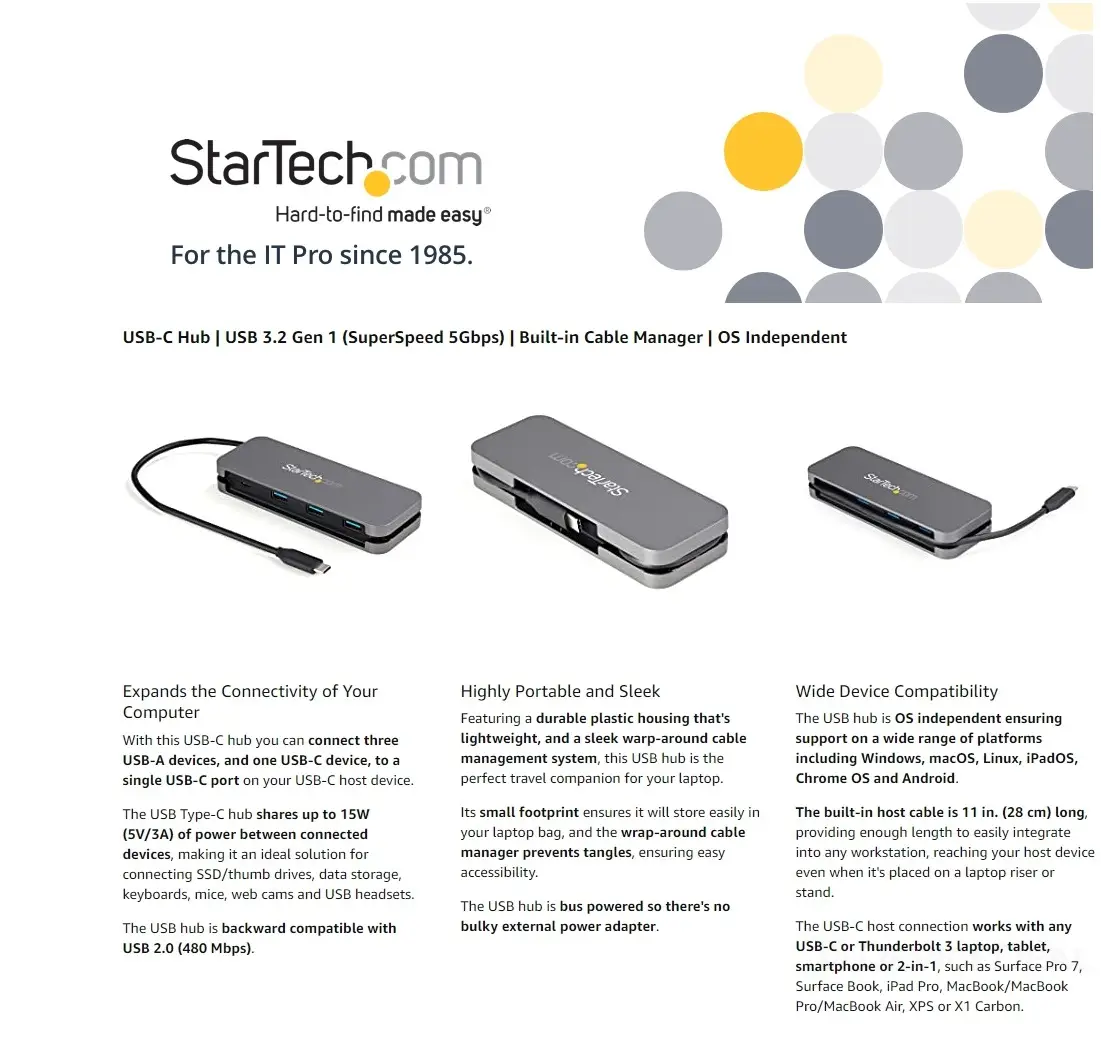 Startech HB30CM3A1CB 4 Port USB C Hub 5Gbps 3A/1C- 11in Cable |DeviceDeal