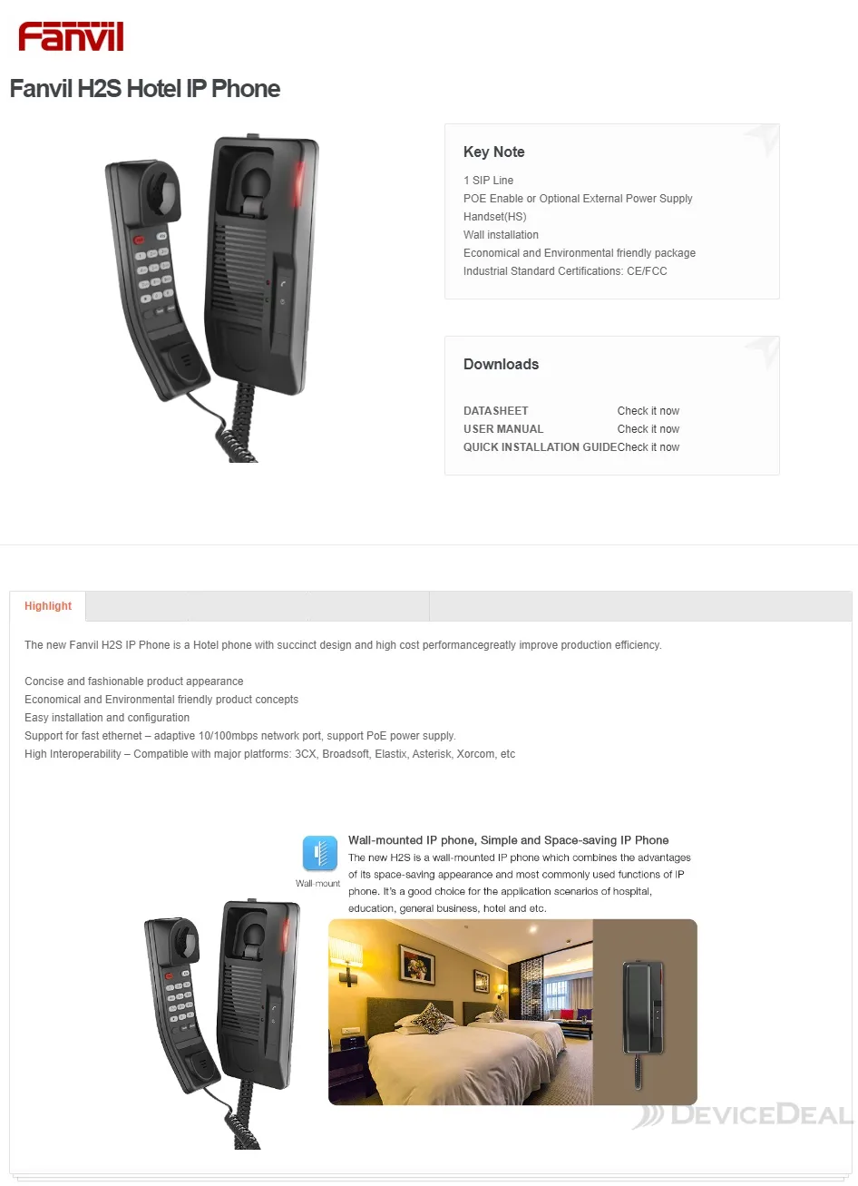 Fanvil H2S Hotel IP Phone - No Display, 1 Line, Single 10/100 NIC ...