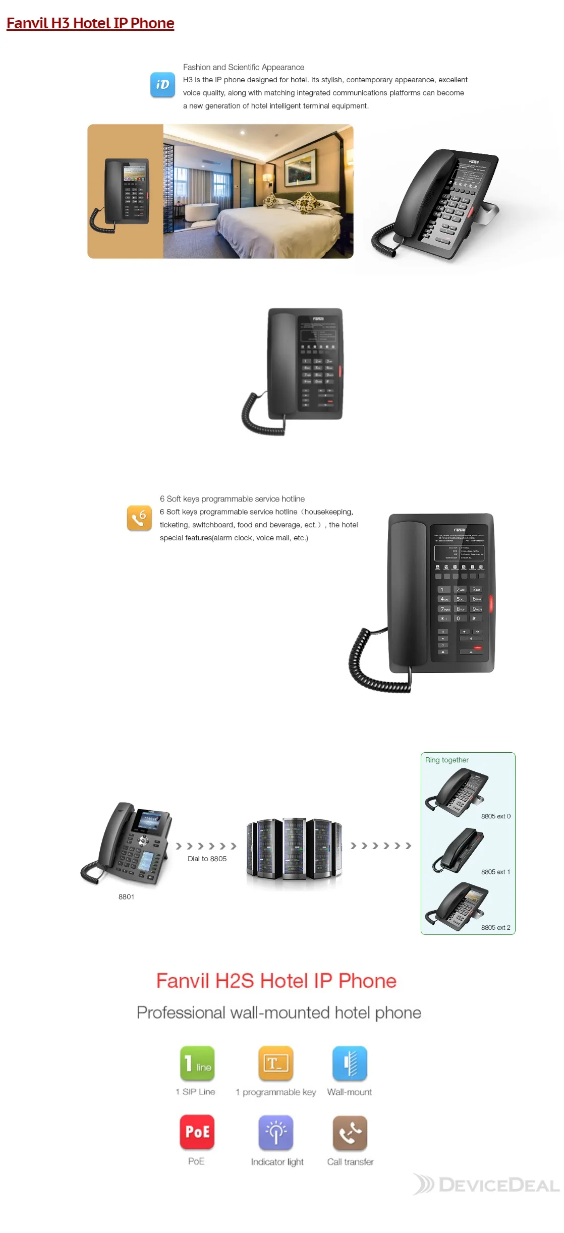 Fanvil H3 Hotel IP Phone - No Display, 1 Line, Dual 10/100 NIC |DeviceDeal