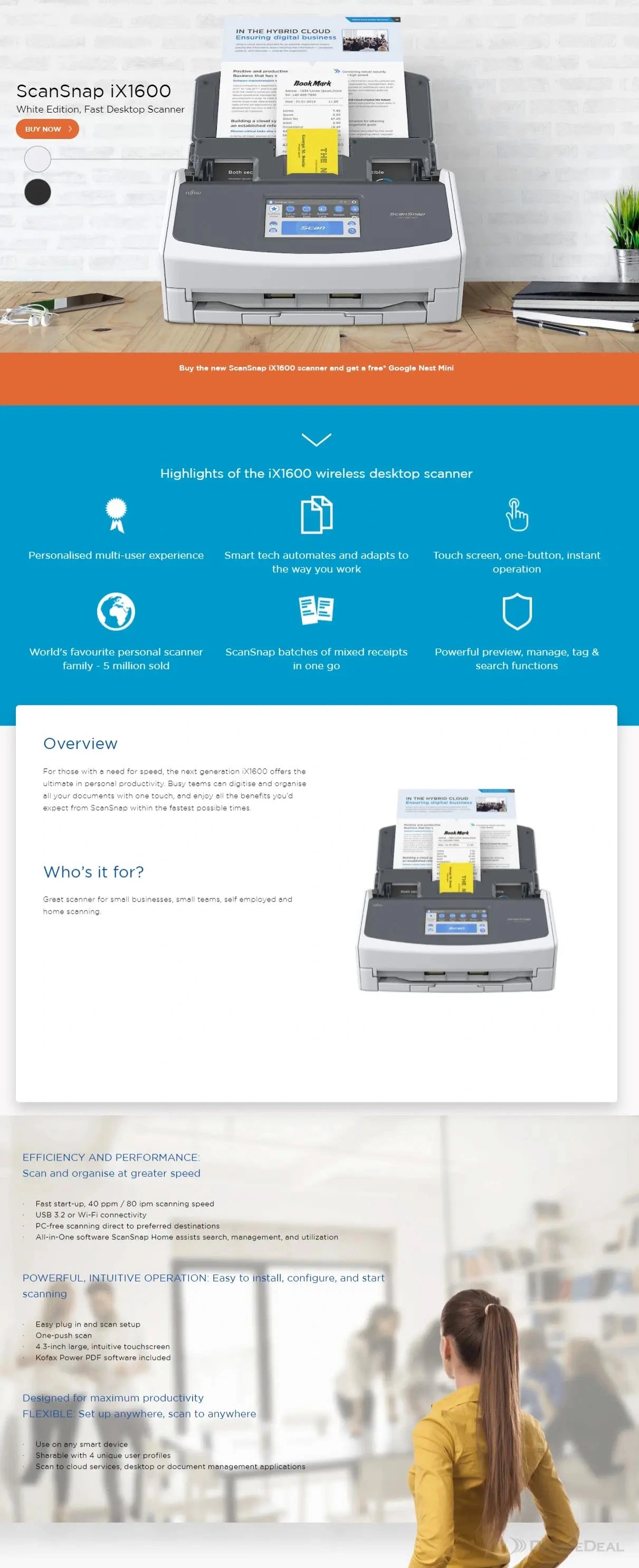 FUJITSU SCANSNAP IX1600 WIFI DOCUMENT SCANNER A4 DUPLEX 40 PPM50SHT ADF600DPI | DeviceDeal