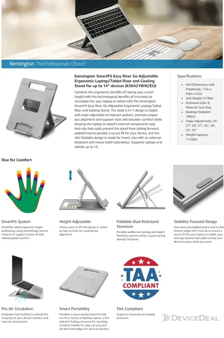 KENSINGTON SMARTFIT EASY RISER 2.0 COOLING STAND FOR UP TO 14" NOTEBOOK ...