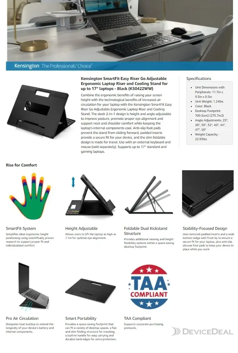 KENSINGTON SMARTFIT EASY RISER 2.0 COOLING STAND FOR UP TO 17" NOTEBOOK ...