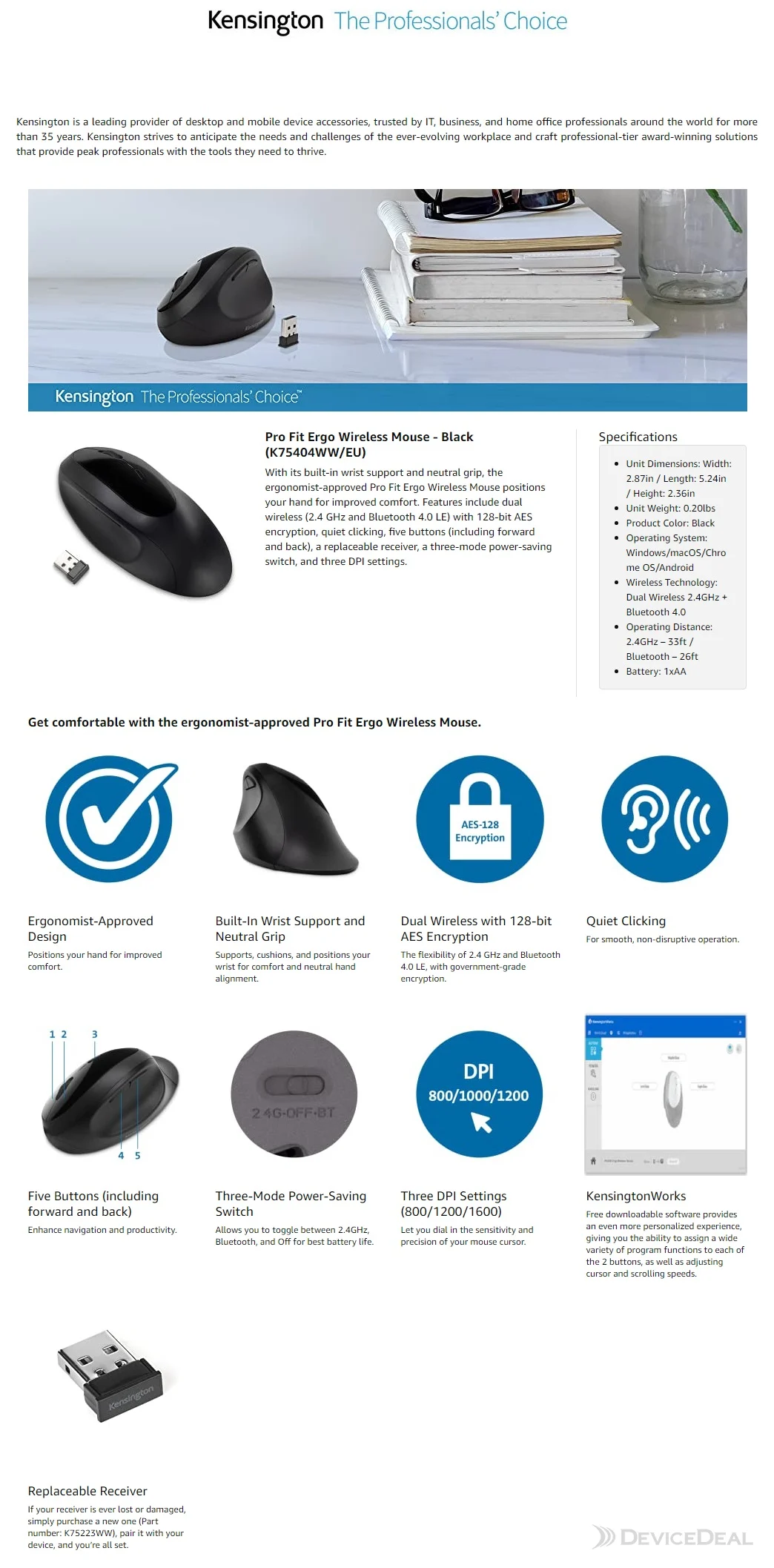 Kensington PRO FIT ERGONOMIC WIRELESS MOUSE - BLACK K75404WW | DeviceDeal