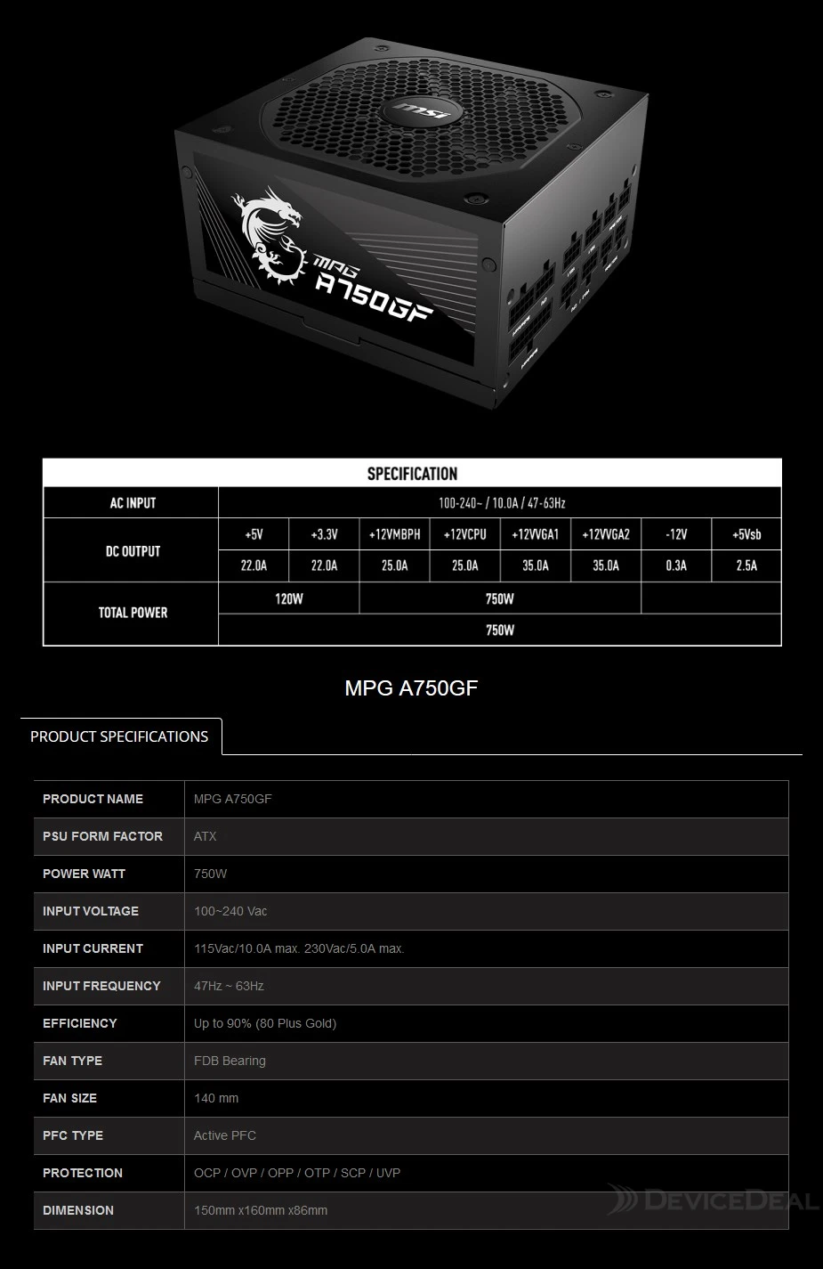 MSI MPG A750GF 750W 80+ Gold Fully Modular ATX Power Supply - White |DeviceDeal