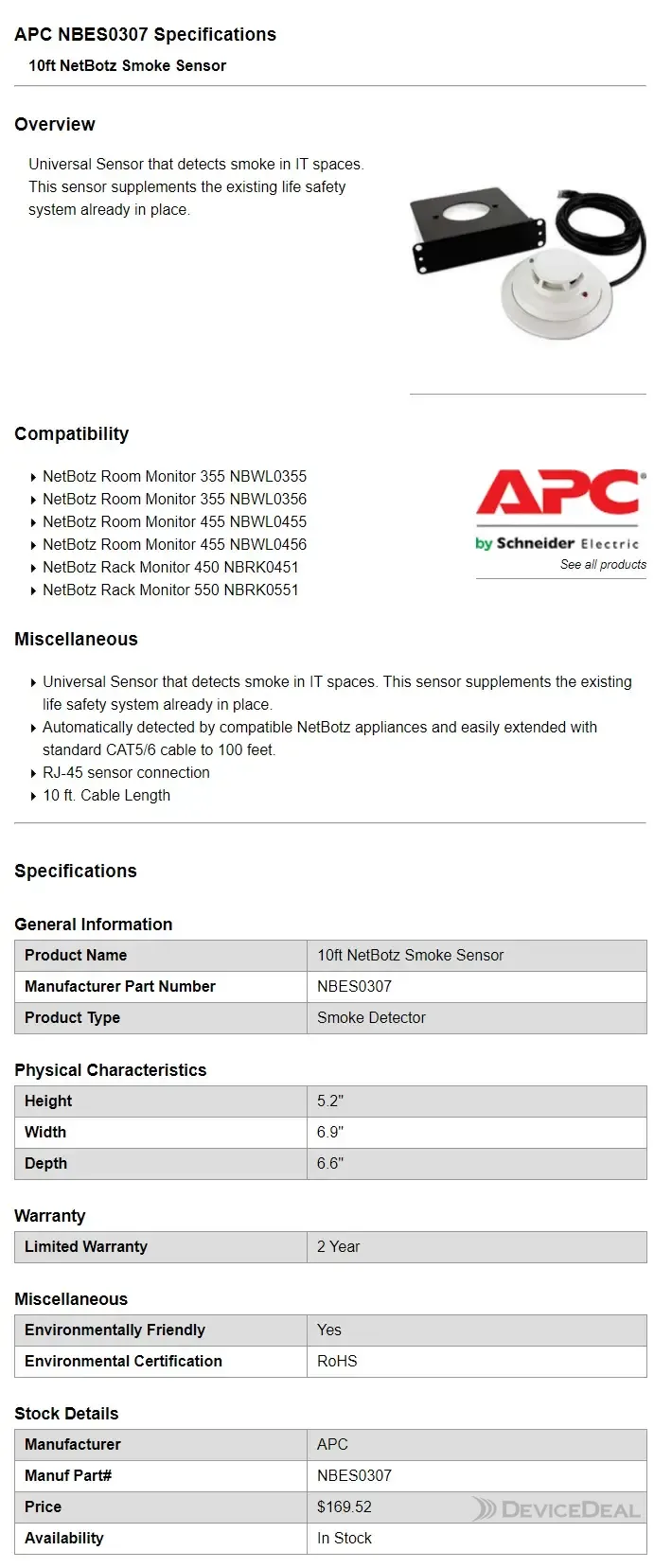 APC NetBotz Smoke Sensor - 10 ft. | DeviceDeal