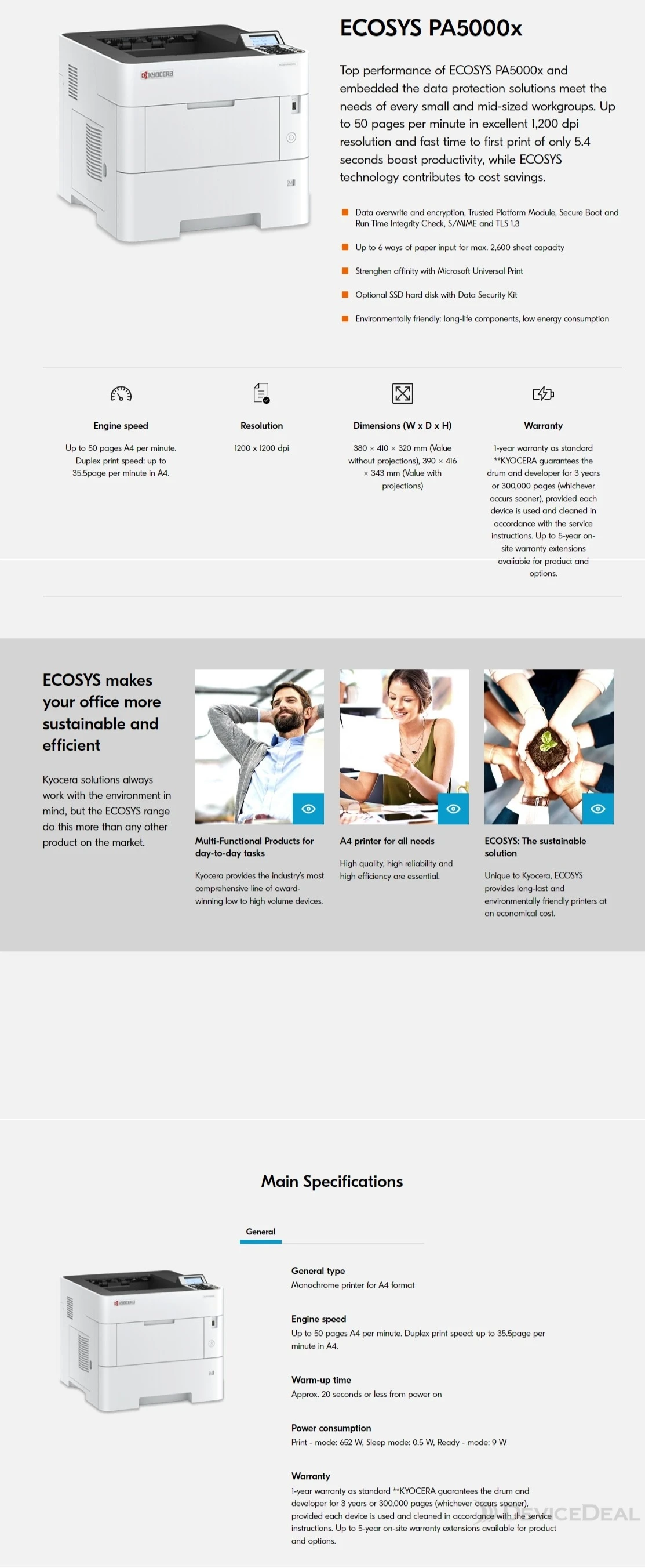 Kyocera ECOSYS PA5000X A4 Monochrome Laser Printer - 110C0X3AU0 |DeviceDeal