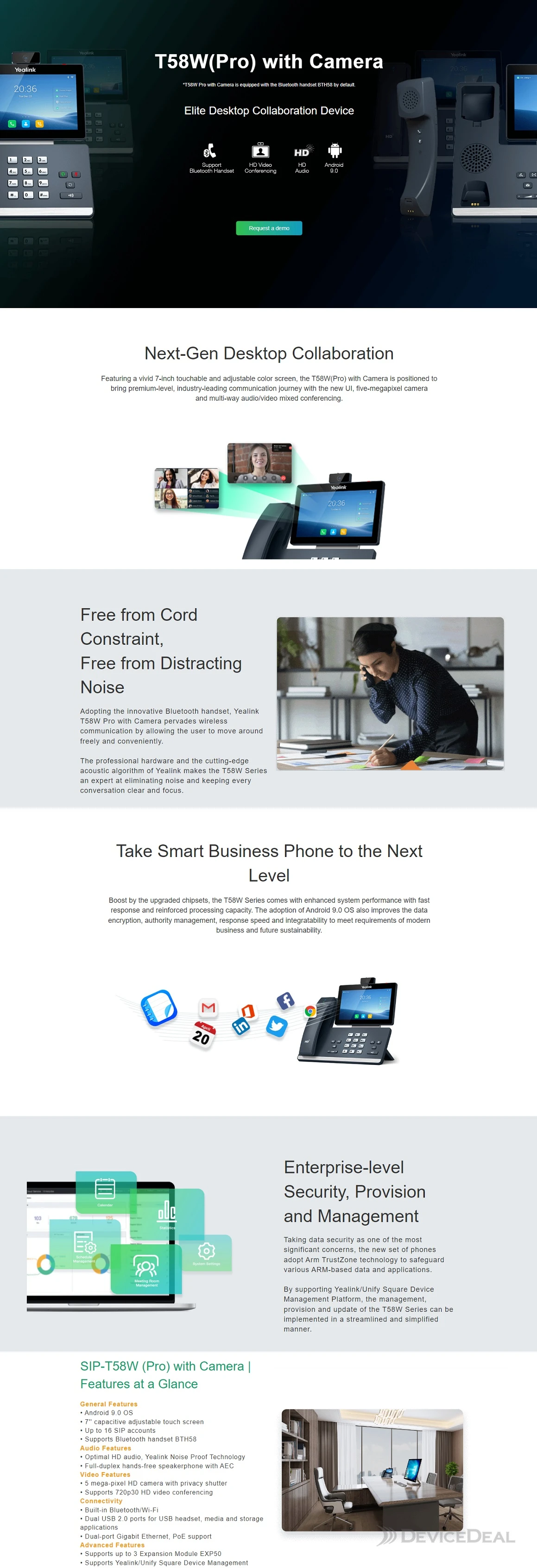 Yealink SIP-T58WP-C 16 Line IP HD Android Phone with Video Camera , 7'' colour touch screen, BT Han