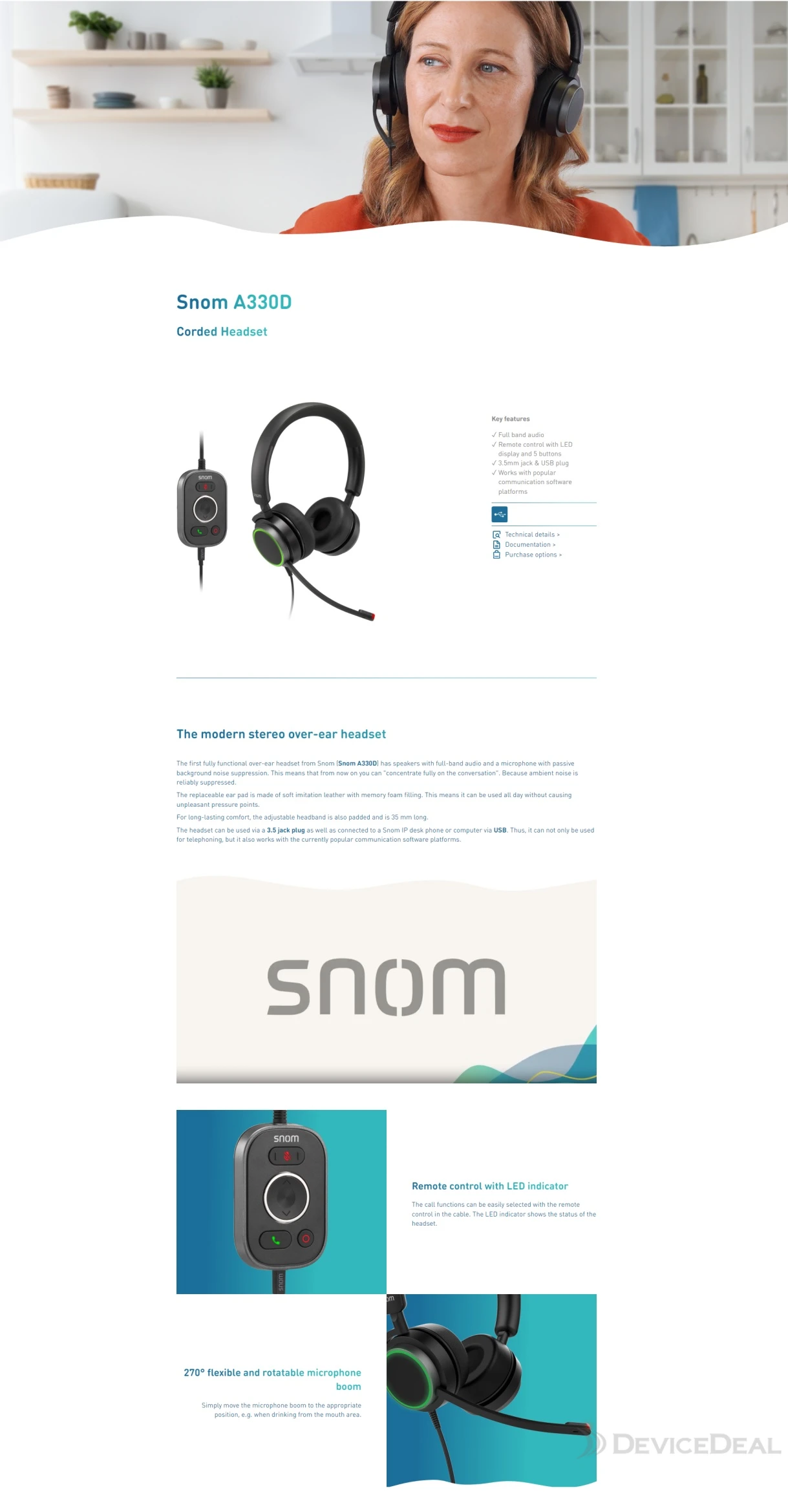 SNOM A330D Headset, Wired Duo, HD Audio Quality, Remote Control, Ideal ...