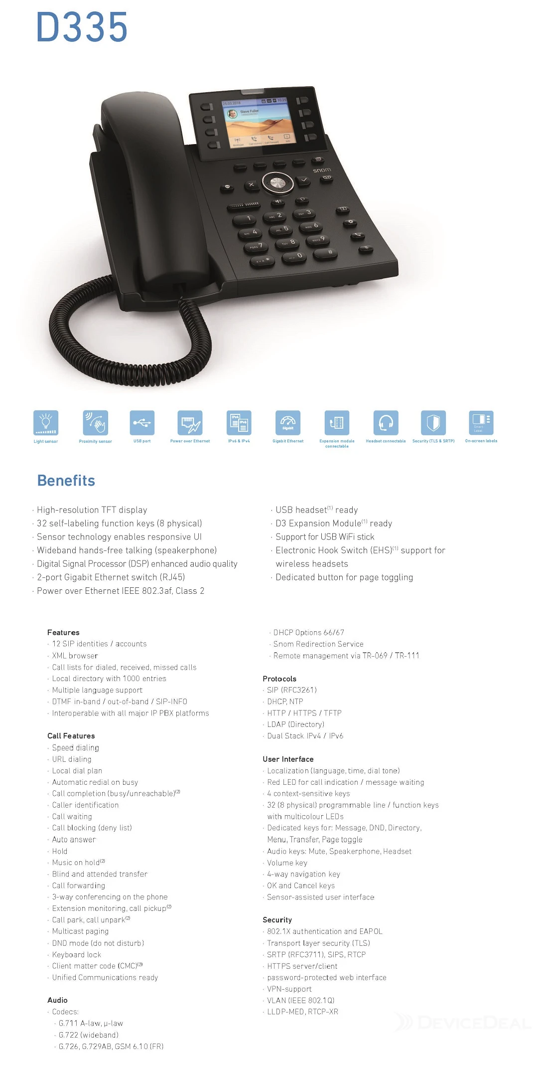 SNOM 12 Line IP Phone -Gigabit, USB, IPv6, PoE (SNOM-D335) |DeviceDeal