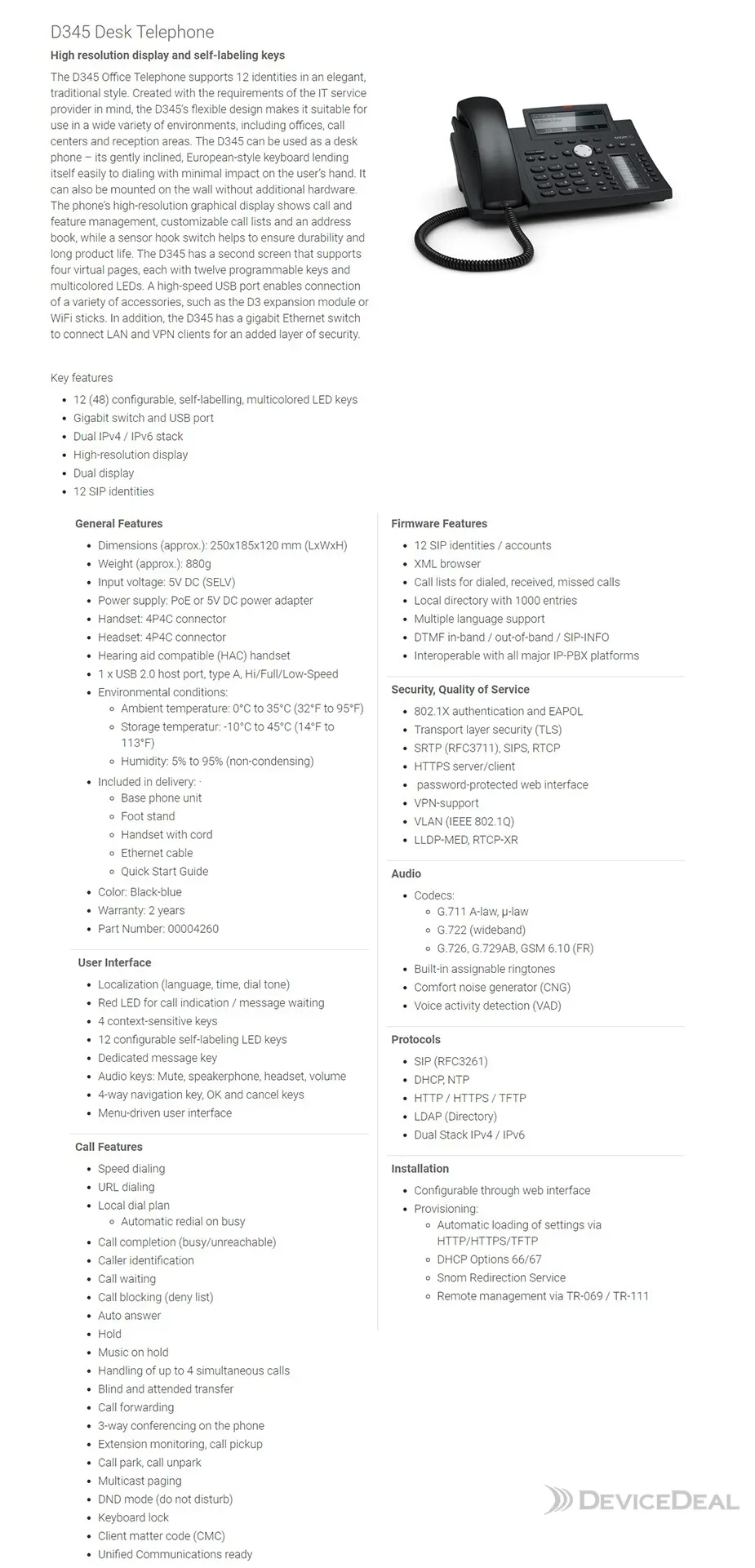Snom SNOM-D345 12 Line IP Phone with Hi-Res Display