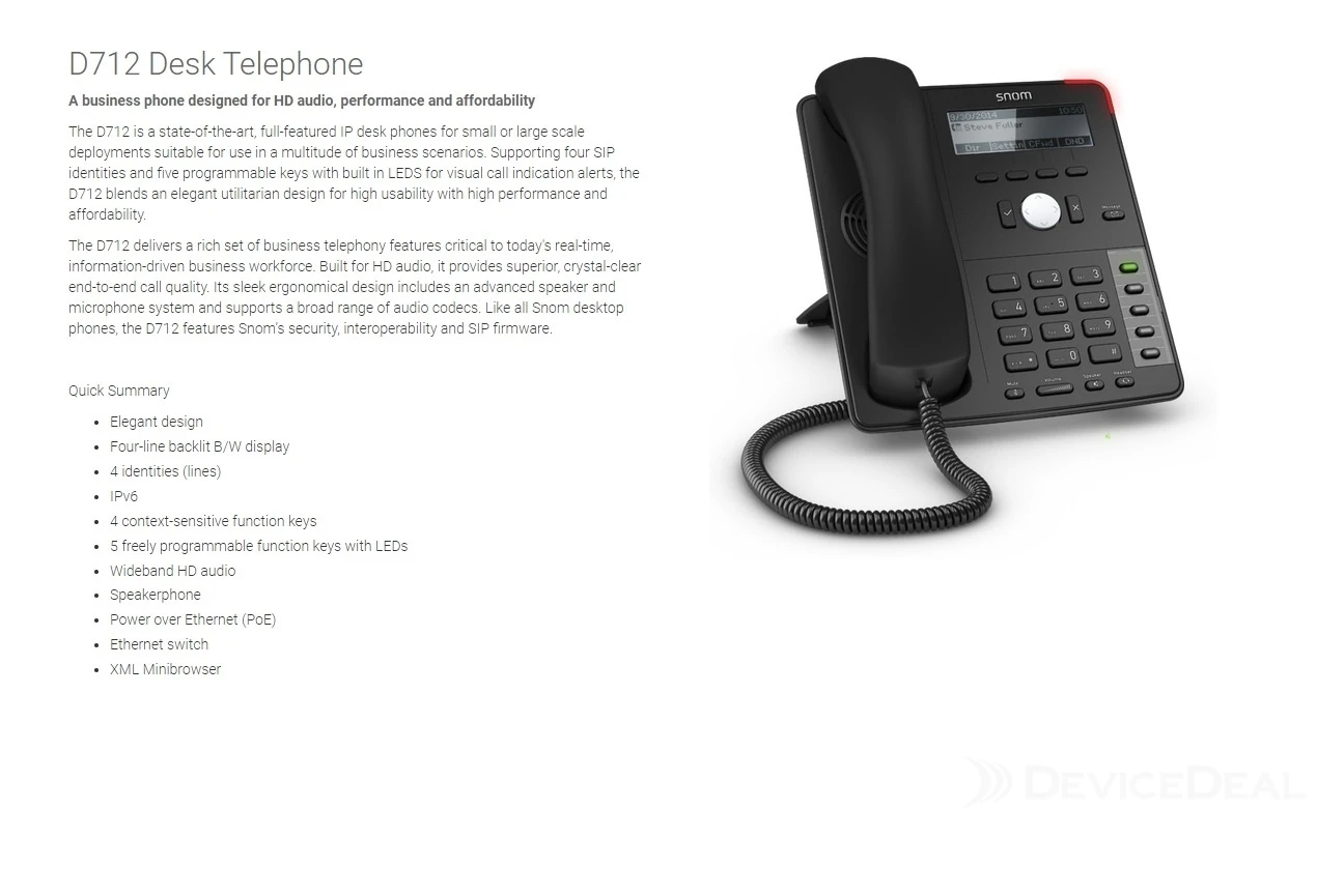 Snom SNO-D712 HD Audio IP Desk Telephone with 4 Line 3.2" Display ...