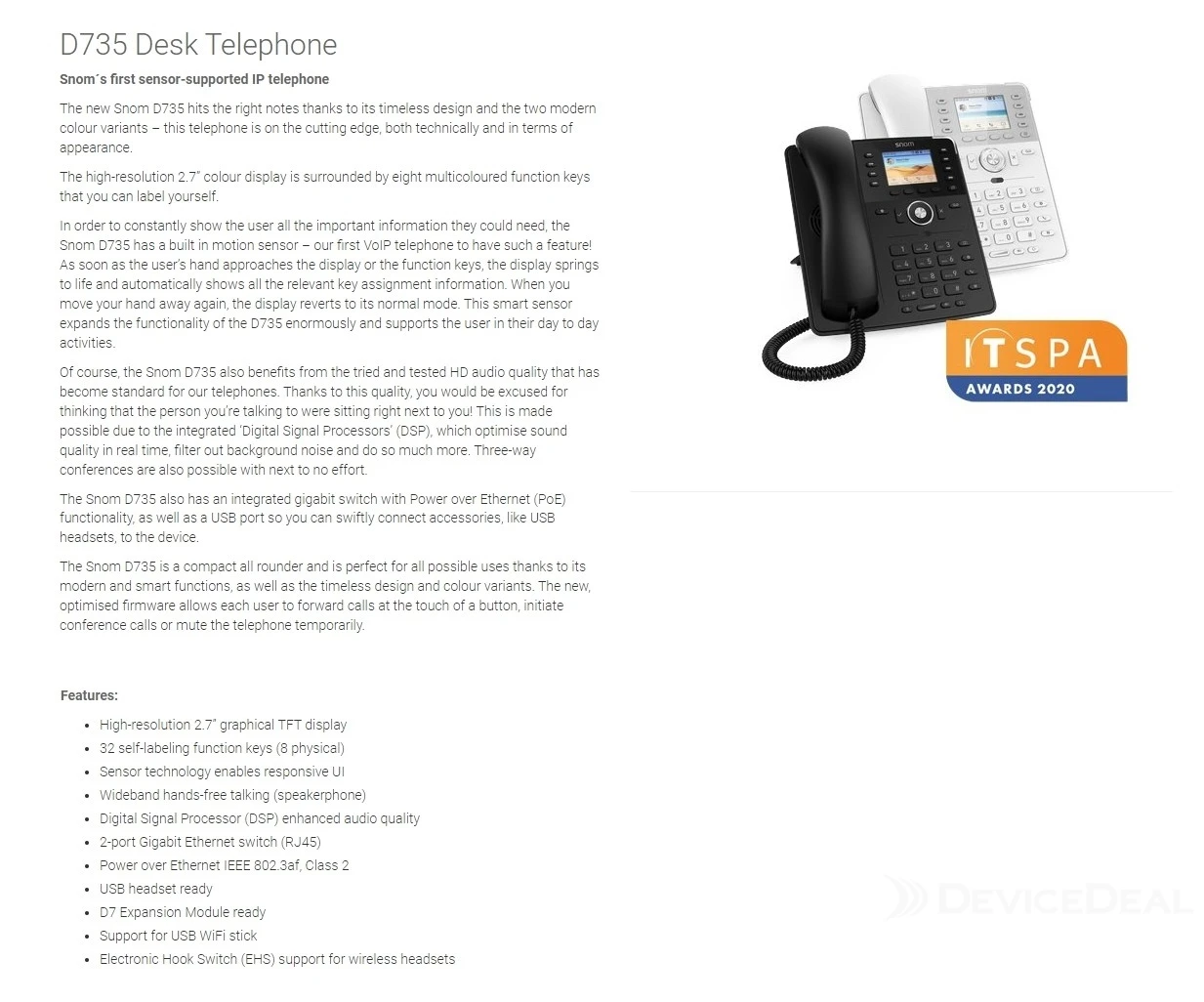 Snom D735 SIP VOIP 2.7" PoE Phone with USB WiFi Stick Support | DeviceDeal