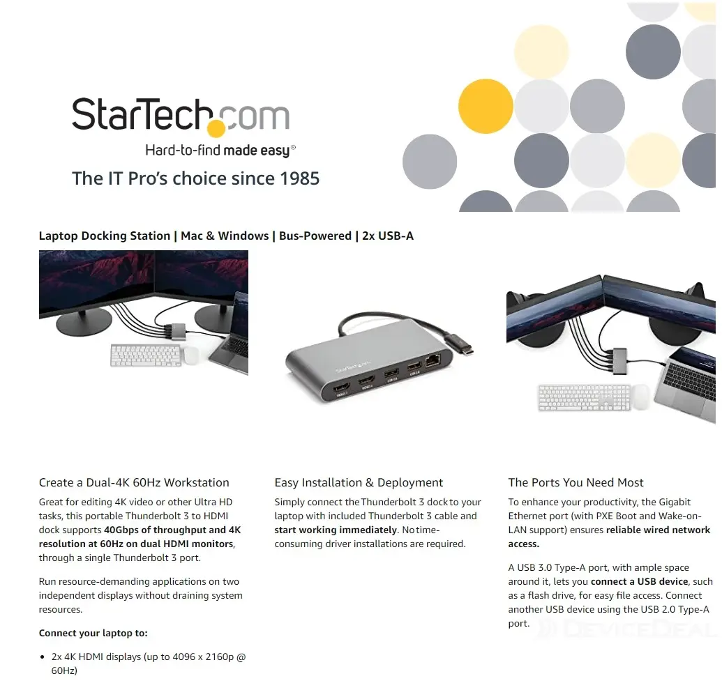 Startech TB3DKM2HDL MINI TB 3 WITH 30CM+ TETHER CABLE |DeviceDeal