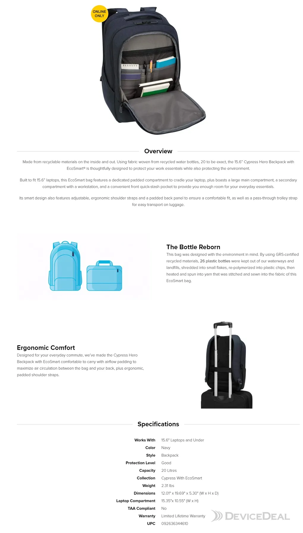 Targus TBB58601GL 15.6" Cypress Hero Backpack (Navy) TBB58601GL |DeviceDeal