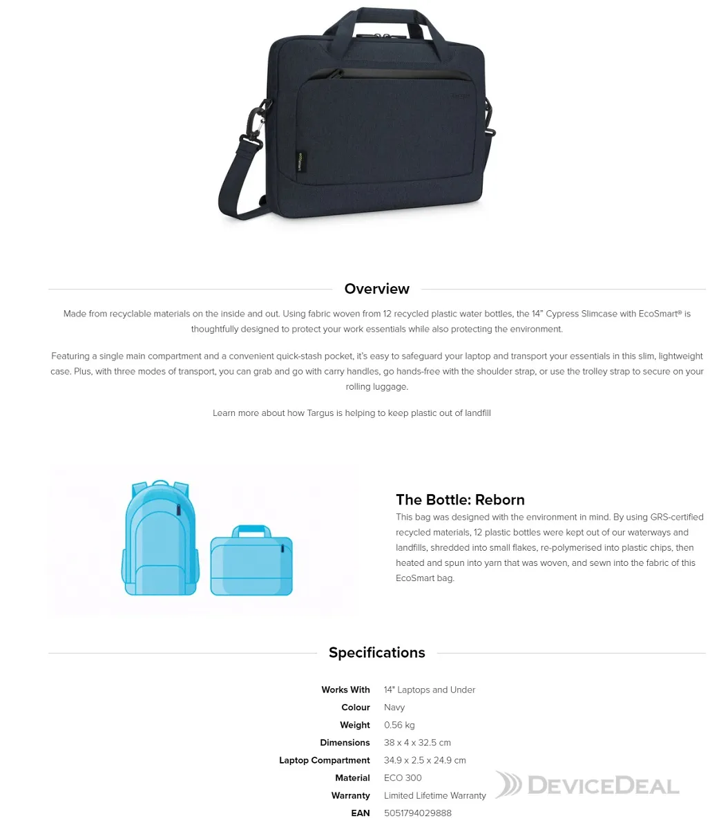 TARGUS TBS92601GL CYPRESS ECOSMART 13-14 SLIPCASE - NAVY BLUE |DeviceDeal