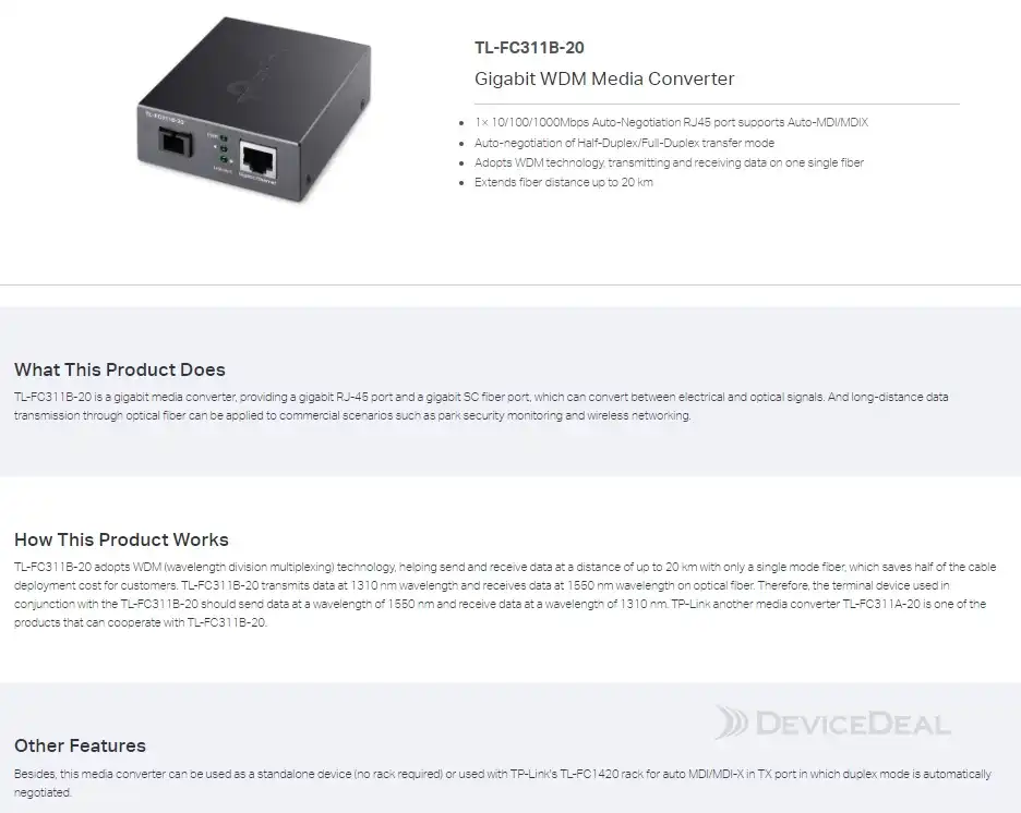 TP-Link TL-FC311B-20 Gigabit WDM Media Converter | DeviceDeal