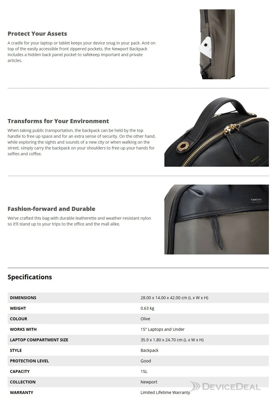 Targus 15in Newport Backpack Olive Tsb94502 |DeviceDeal
