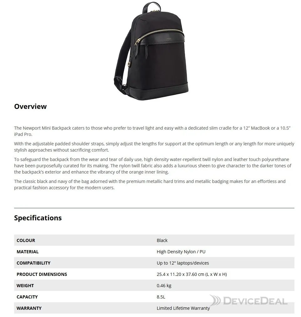 Targus 12in Newport Mini Backpack Black Tsb946 |DeviceDeal