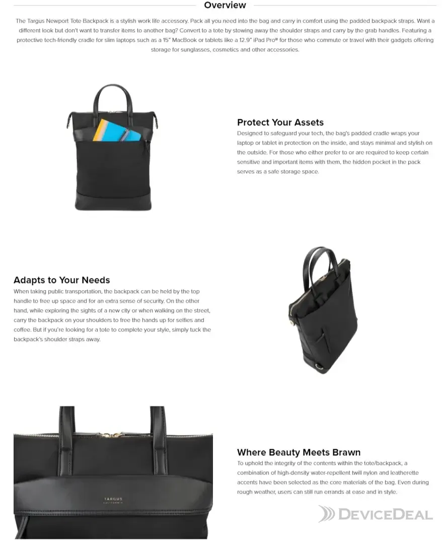 TARGUS TSB948, 15" NEWPORT CONVERTIBLE 2-IN-1 BACKPACK BLACK | DeviceDeal