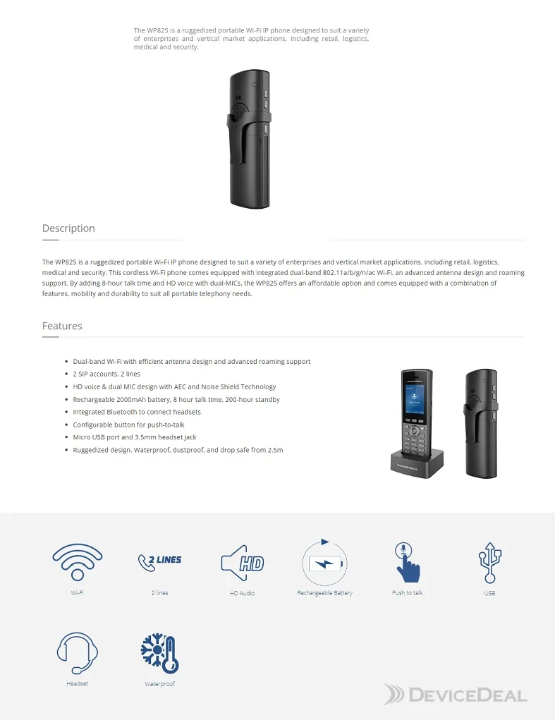 Grandstream WP825 Ruggedised WiFi Cordless Phone 2000MAH Battery ...