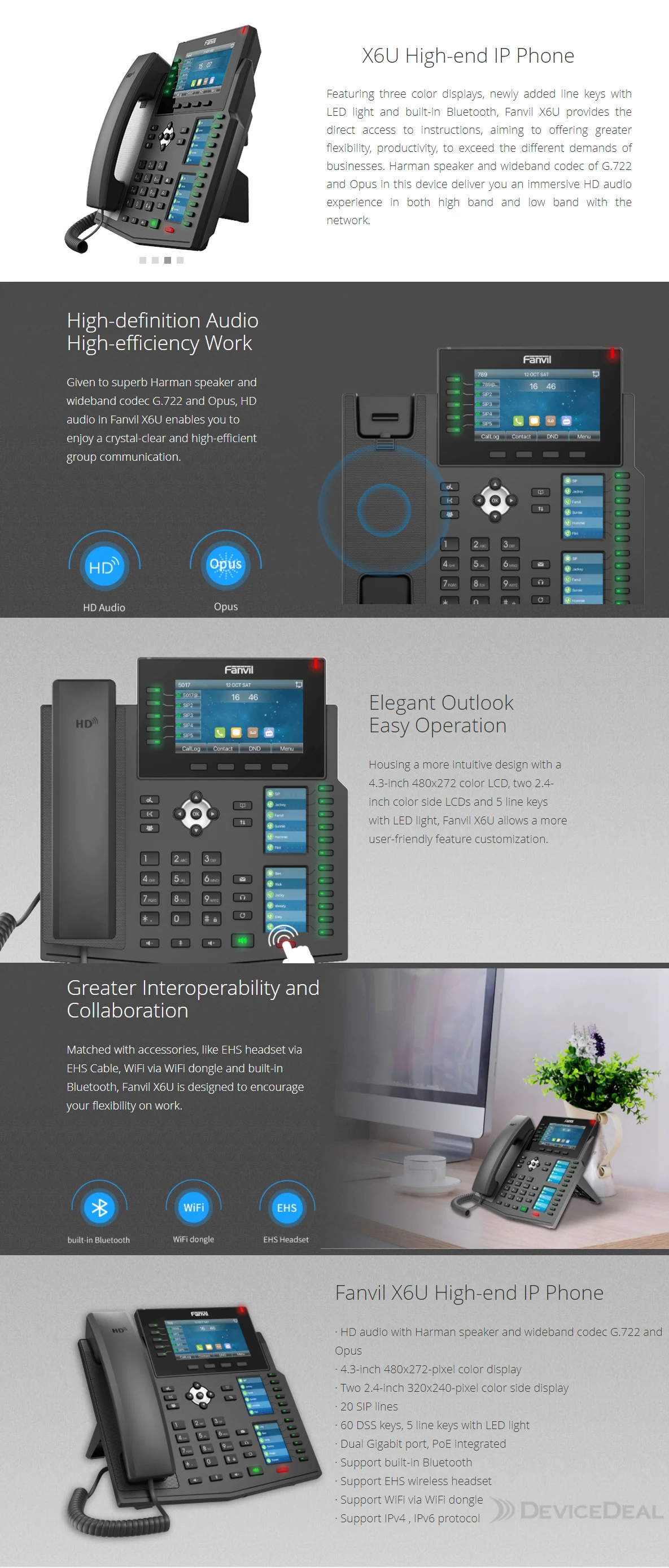 Fanvil X6U Enterprise IP Phone - 4.3' (Video) Colour Screen, 20 Lines ...